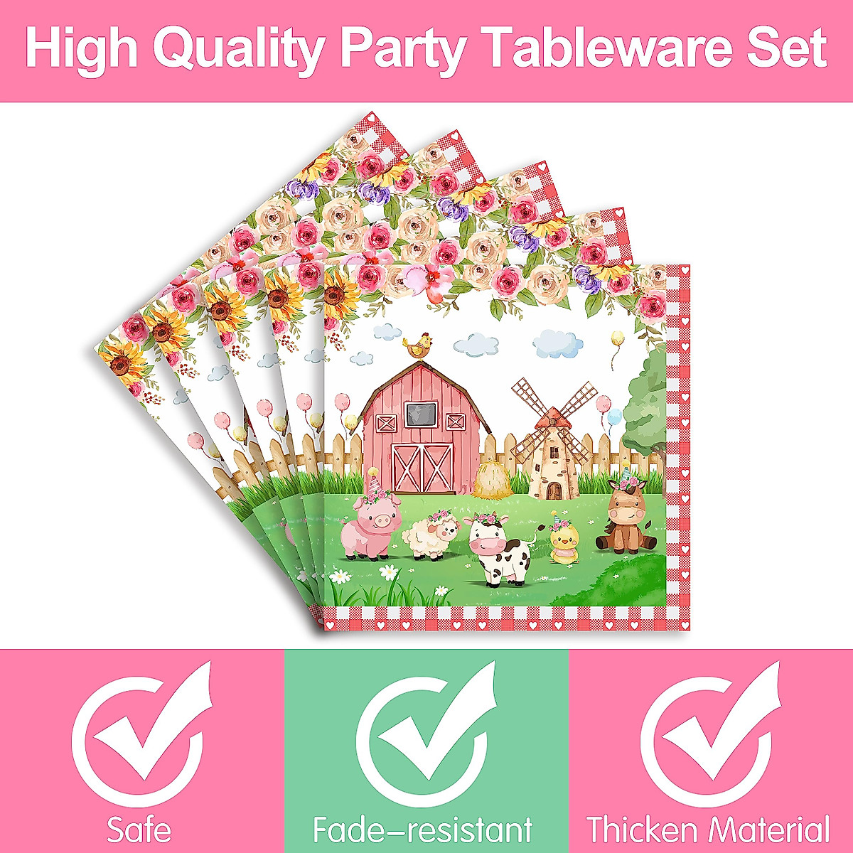Piooluialy Pink Farm Birthday Party Supplies for Girl - Farm Animal Baby Shower Party Decorations Include Dinner Plates, Cups, Napkins, Cutlery, Farm House Barnyard Theme Party Supplies | Serves 24