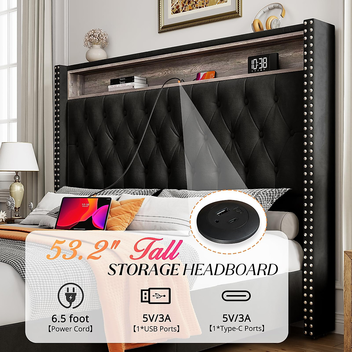 Jocisland Queen Size Bed Frame 53.6'' Tall Headboard LED Lights and Charging Station, Velvet High Upholstered Platform Bed Wingback Storage, No Box Spring Needed, No Motion Light Under Bed, Black