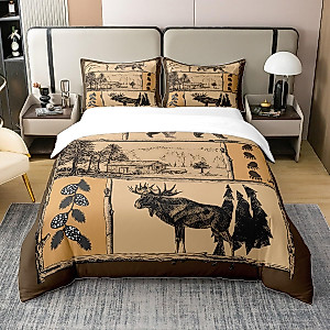 jejeloiu Bear Bedding 100% Cotton Set Rustic Farmhouse Cabin Moose Duvet Cover 100% Cotton Retro Wildlife Cover for Children Bedroom Decor Vintage Bear Paw Duvet Set King Size Zipper with Pillow Case