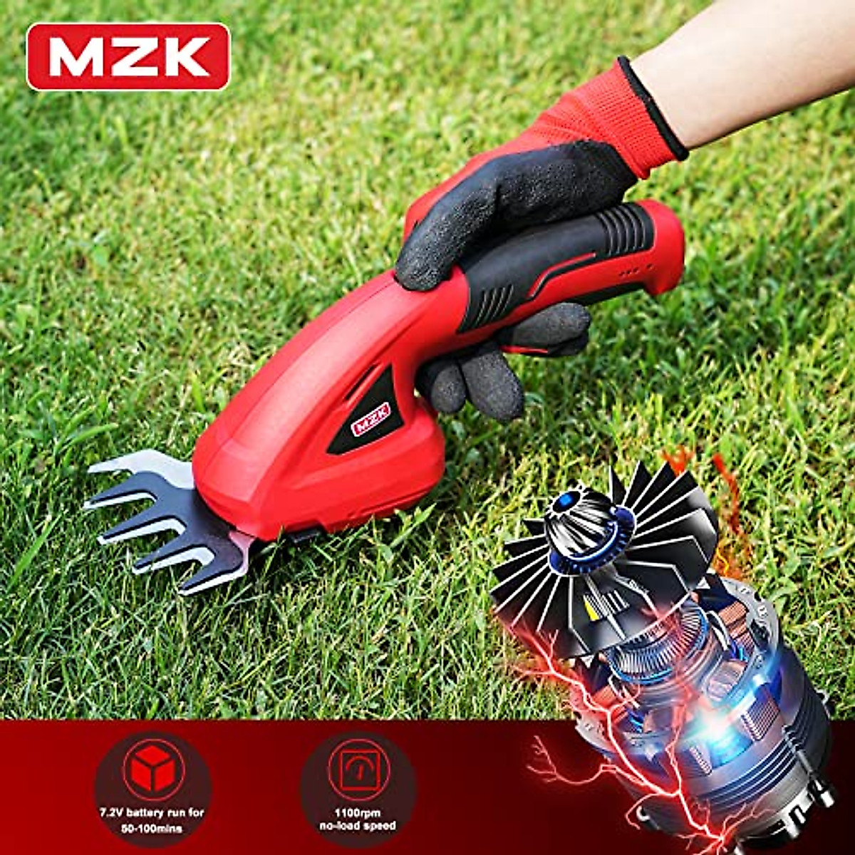 MZK Cordless Grass Shears & Hedge Trimmer, 7.2V Battery Powered Shrubbery Trimmer, 2 in 1 Handheld Grass Clippers, Electric Grass Trimmer Hedge Trimmer, Grass Cutter with Charger