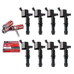 MAS Set of 8 Ignition Coils Pack Straight Boot & Motorcraft Spark plug SP546 SP515 Compatible with Ford F150 F250 F350 Super Duty Expedition Lincoln Navigator V8 5.4l Replacement for DG511 FD508
