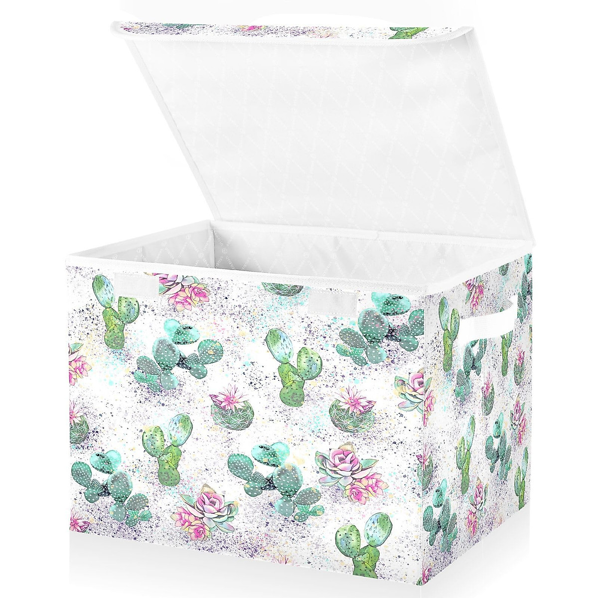 BOESI Cactus with Flowers Foldable Storage Baskets Fabric Boxes with Handle Organizers with Flip-Top Lids Storage Bins for Home Bedroom Office