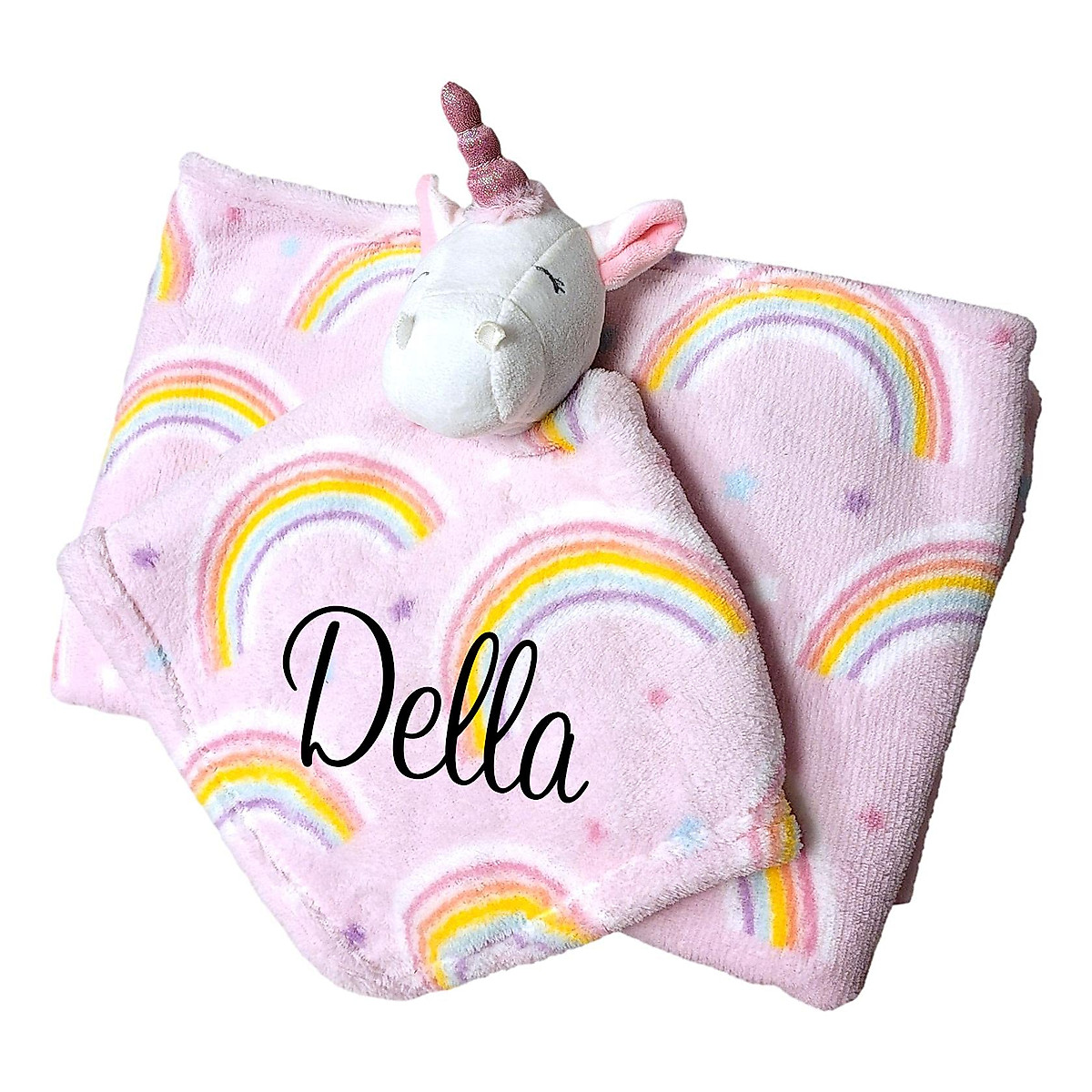 SONA G DESIGNS Plush Animal Security Lovey with Blanket Gift Set for Newborn Infant - Custom Personalized Available (Rainbow Unicorn Set with Embroidered Name)
