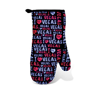 Puzzled Pot Holder & Oven Mitt Set I Love Vegas Kitchen Accessory Potholder Heat Resistant Non-Slip Grip Cooking Glove Machine Washable Baking Grilling BBQ Decorative Novelty Polyester Mitten Pink