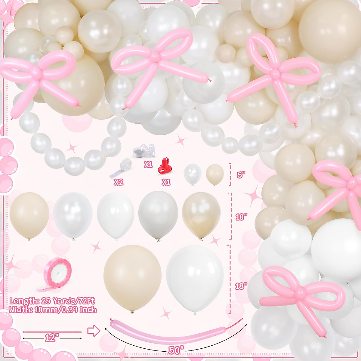 Pink Bow Balloon Arch Kit, 155Pcs Coquette Bows Pearls Balloon Garland Arch, Double Stuffed Pearl Sand White Balloons with Satin Ribbon for Coquette Birthday Decortions, Bridal Shower, Bow Party Decor