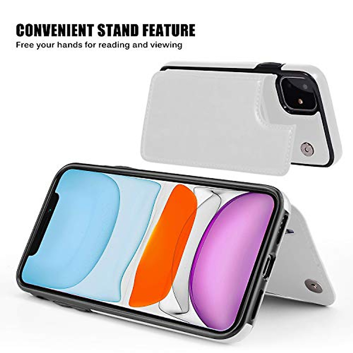 JOYAKI iPhone 11 Wallet Case with Card Holder,Premium PU Leather Kickstand Card Slots Case with a Free Screan Protector,Double Magnetic Clasp and Durable Shockproof Cover for iPhone11(6.1")-White