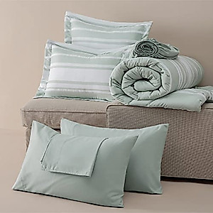Bedsure Bed in a Bag Queen Size 7 Pieces, Sage Green White Striped Bedding Comforter Sets All Season Bed Set, 2 Pillow Shams, Flat Sheet, Fitted Sheet and 2 Pillowcases