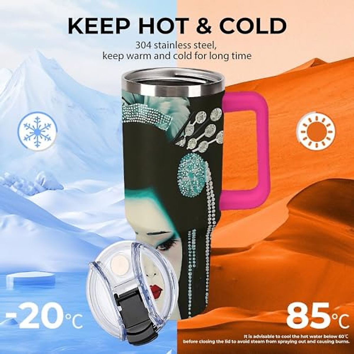 Japanese Geisha Insulated Tumbler with Lid And Straw Stainless Steel Travel Coffee Mug 40oz Light Rose Red-style