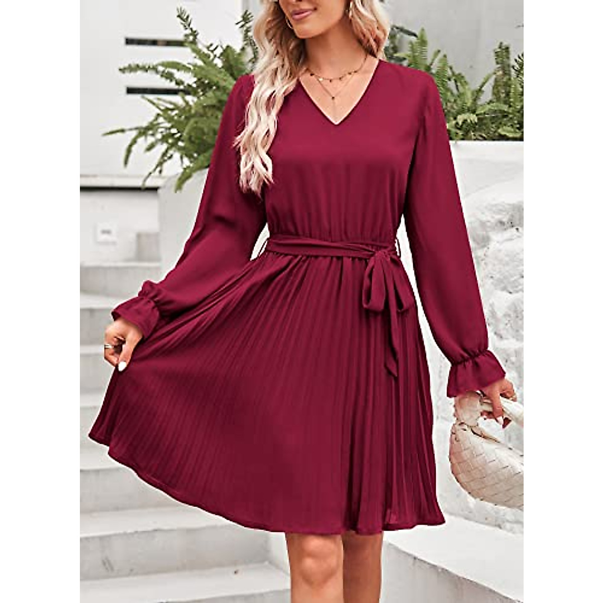 PRETTYGARDEN Women's Casual Spring Fall Dresses Long Puff Sleeve V Neck Pleated Ruffle Flowy Belted Dress (Wine Red,Large)