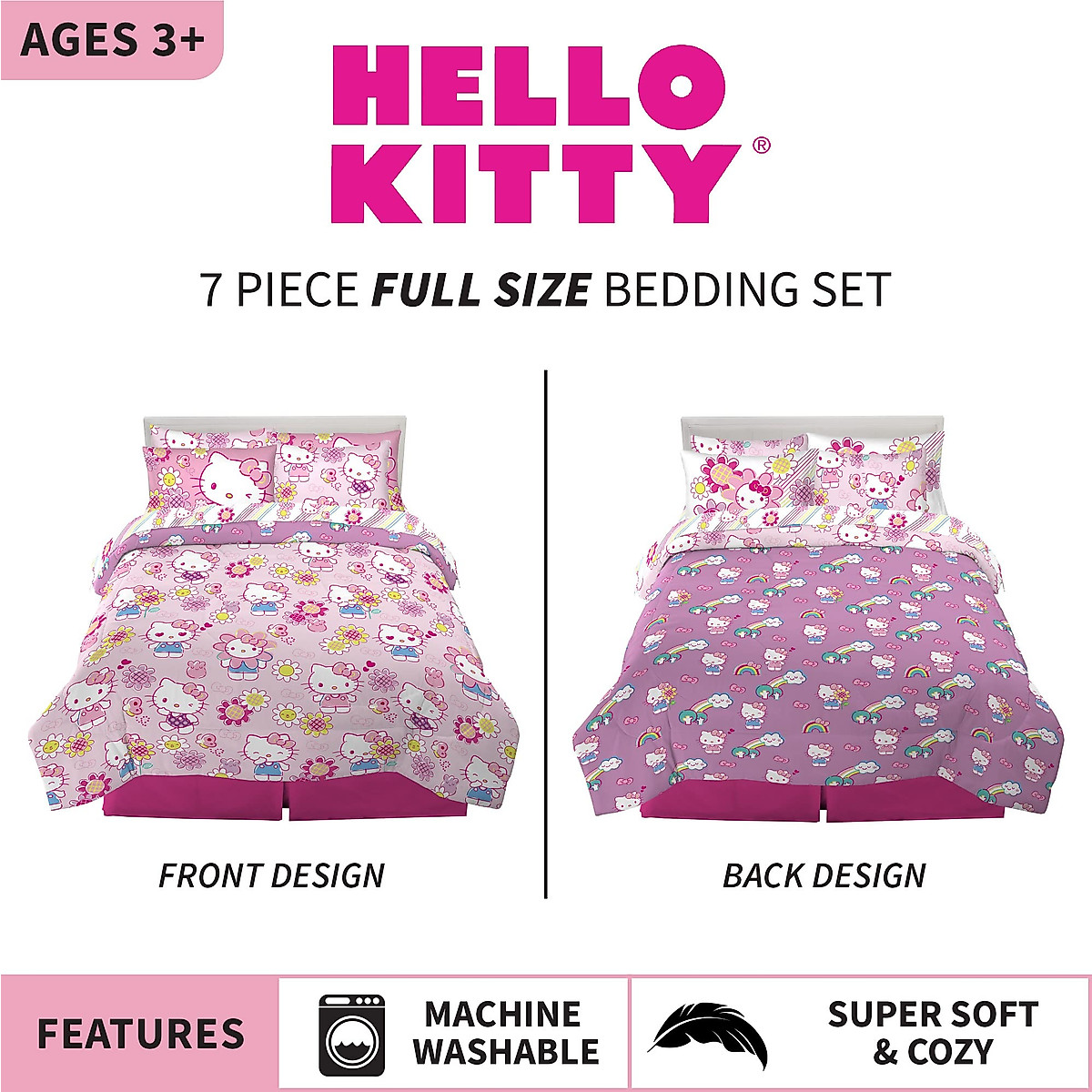 Franco Kids Bedding Super Soft Comforter and Sheet Set with Sham, 7 Piece Full Size, Hello Kitty