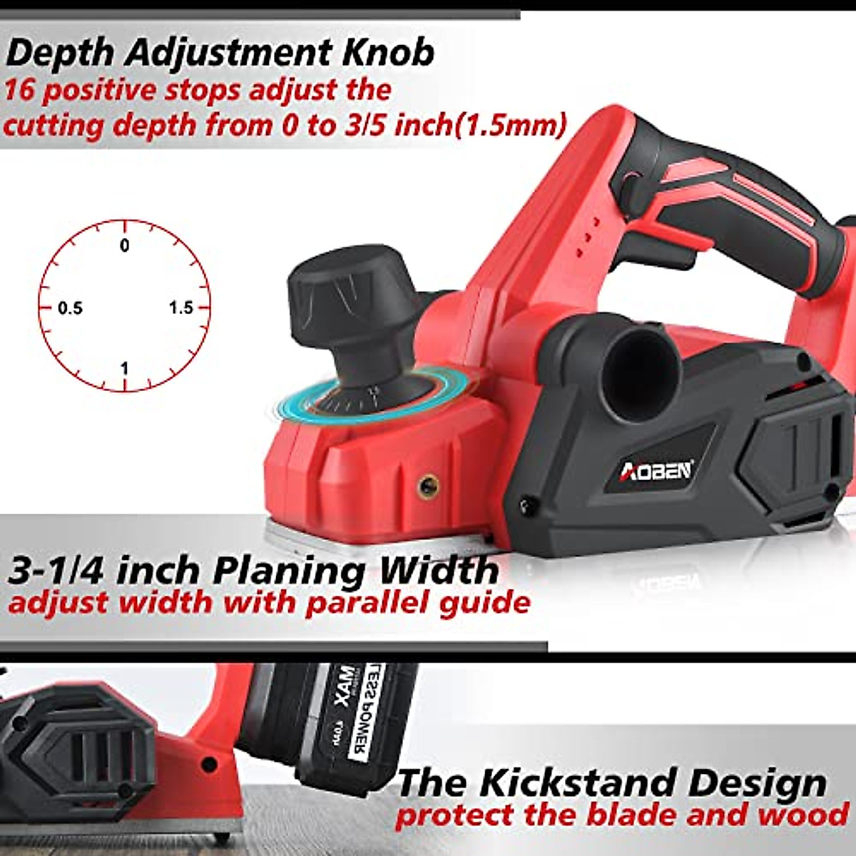 AOBEN Cordless Electric Hand Planer 21V, 16000Rpm 3-1/4-Inch Wood Planer, Li-ion Battery and Charger, Adjustable Planing Depth Power Planer for Woodworking Chamfer Home DIY