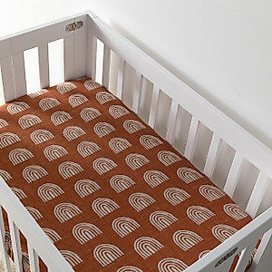 Babyletto 100% Organic Cotton Mini Crib Sheet, GOTS-Certified, Fitted 360°, Ultra-Soft and Breathable Muslin - Terracotta Rainbow