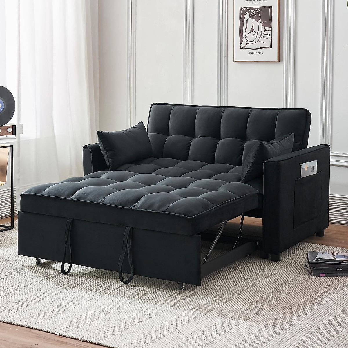 Eifizek 3-in-1 Convertible Sleeper Sofa Bed, Modern Pullout Couch Bed with Pull Out Bed, Adjustable Backrest, Futon Sofa for Living Room Furniture (Black)