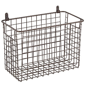 mDesign Portable Metal Farmhouse Wall Decor Storage Organizer Basket Bin with Handles for Hanging in Entryway, Mudroom, Bedroom, Bathroom, Laundry Room - Wall Mount Hooks Included, Large - Bronze
