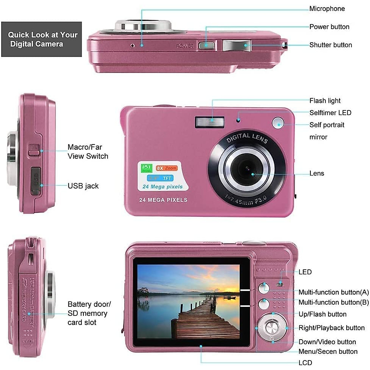 Digital Camera,2.4 Inch FHD Pocket Cameras Rechargeable 24MP Camera for Backpacking, 8X Digital Zoom Compact Cameras for Photography, sd Card 32GB