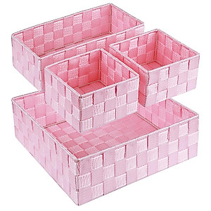 Posprica Woven Storage Baskets for Organizing, Small Baskets Cube Bin Container Tote Organizer Divider for Drawer, Closet, Shelf, Dresser, Set of 4(Pink)