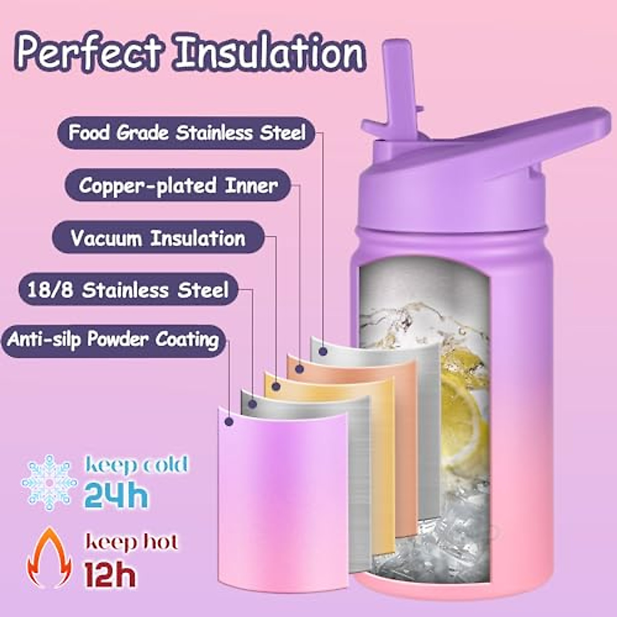 Mininoo Insulated Kids Water Bottle, 12 oz Stainless Steel Water Bottle Kids with Straw Lid and Chug Lid for Girls, Boys (Purple/Pink)