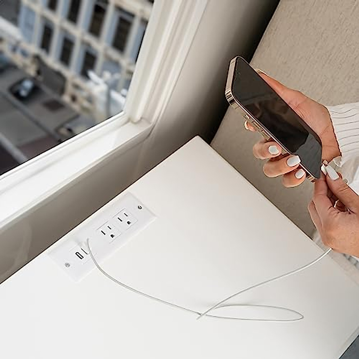 2 Drawer Side Table with Charging Station - Mid Century Modern Nightstand with Polished Gold Handles, 2 USB Ports & 2 Outlets - Multifunctional Smart Bedside Table for Your Home - 24" Tall (White)