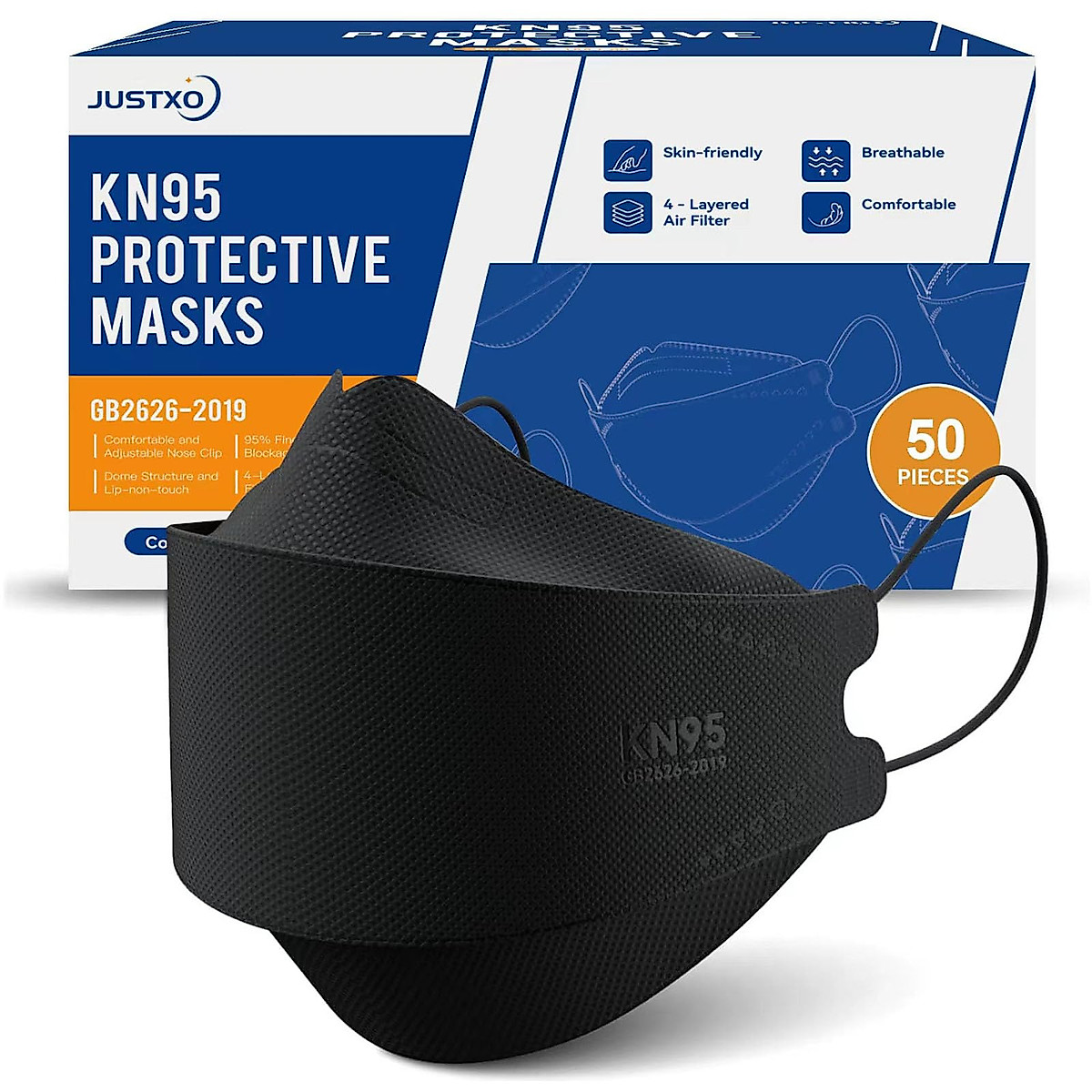JUSTXO KN95 Face Masks 50 Pack, Breathable Comfortable Disposable Face Mask For Adults And Teens, Black