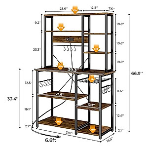 SUPERJARE Large Bakers Rack with Power Outlets, 6-Tier Microwave Stand, Coffee Bar with 12 S-Shaped Hooks, Kitchen Shelf with Wire Basket, 39.3 x 15.5 x 66.9 Inches, Rustic Brown