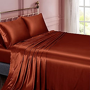 Cotton Home Depot King Size Soft Satin Bed Sheets Burnt Orange Satin Sheet Set, 15" Deep Pocket Fitted Sheet + 1 Flat Sheet + 2 Pillowcases