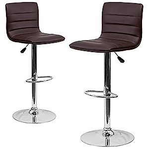 KLS14 Modern Barstools Horizontal Line Design Hydraulic Adjustable Height 360-Degree Swivel Seat Sturdy Steel Frame Chrome Base Dining Chair Bar Pub Stool Home Office Furniture - Set of 2 Brown #1980