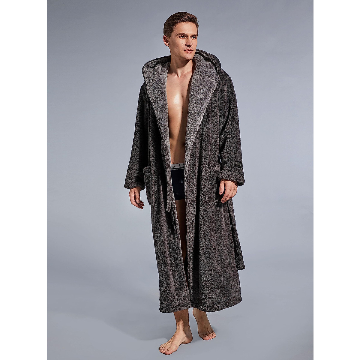 SlumberMee Mens Fleece Plush Robe with Hood Ultra Soft Fluffy Full Length Long with Pockets Luxurious House Coat (Dark Grey, L)