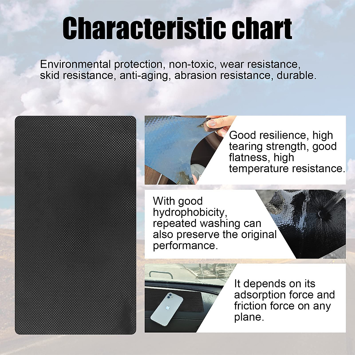 Car Dashboard Anti-Slip Rubber Pad, Two-Sided Super Sticky Dashboard Anti Slip, 10.6 x 5.9 Universal Non-Slip Car Dashboard Sticky Adhesive Mat for Cell Phones, Sunglasses, Keys More (Square /Black)