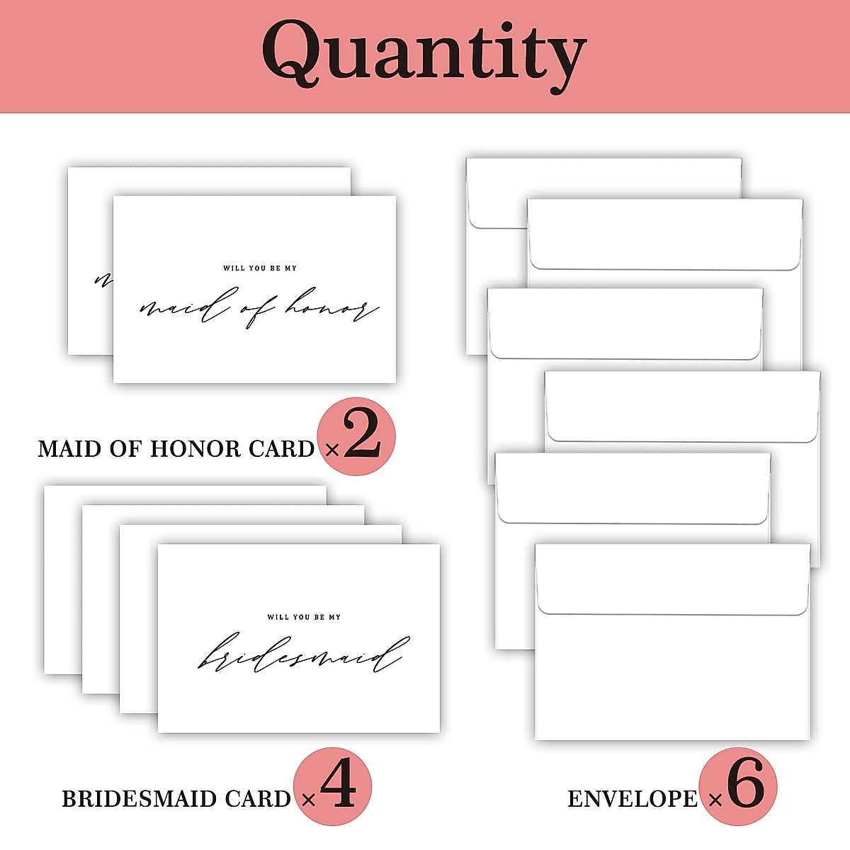 GYYsweetus 6 Packs Will You Be My Bridesmaid Card Set, Set of 6 Bridesmaid Proposal Cards, 4 Bridesmaid Cards, 2 Maid of Honor Cards, Wedding Bridal Shower Card with 6 Envelopes