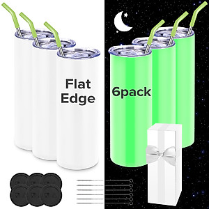 FASTSUB Sublimation Tumblers 20 oz Blank Bulk Luminous Cups Glow in the Dark Straight Stainless Steel Double Wall Vacuum Insulated with Lids and Straws for Tumbler Heat Press Glow Green 6 Pack