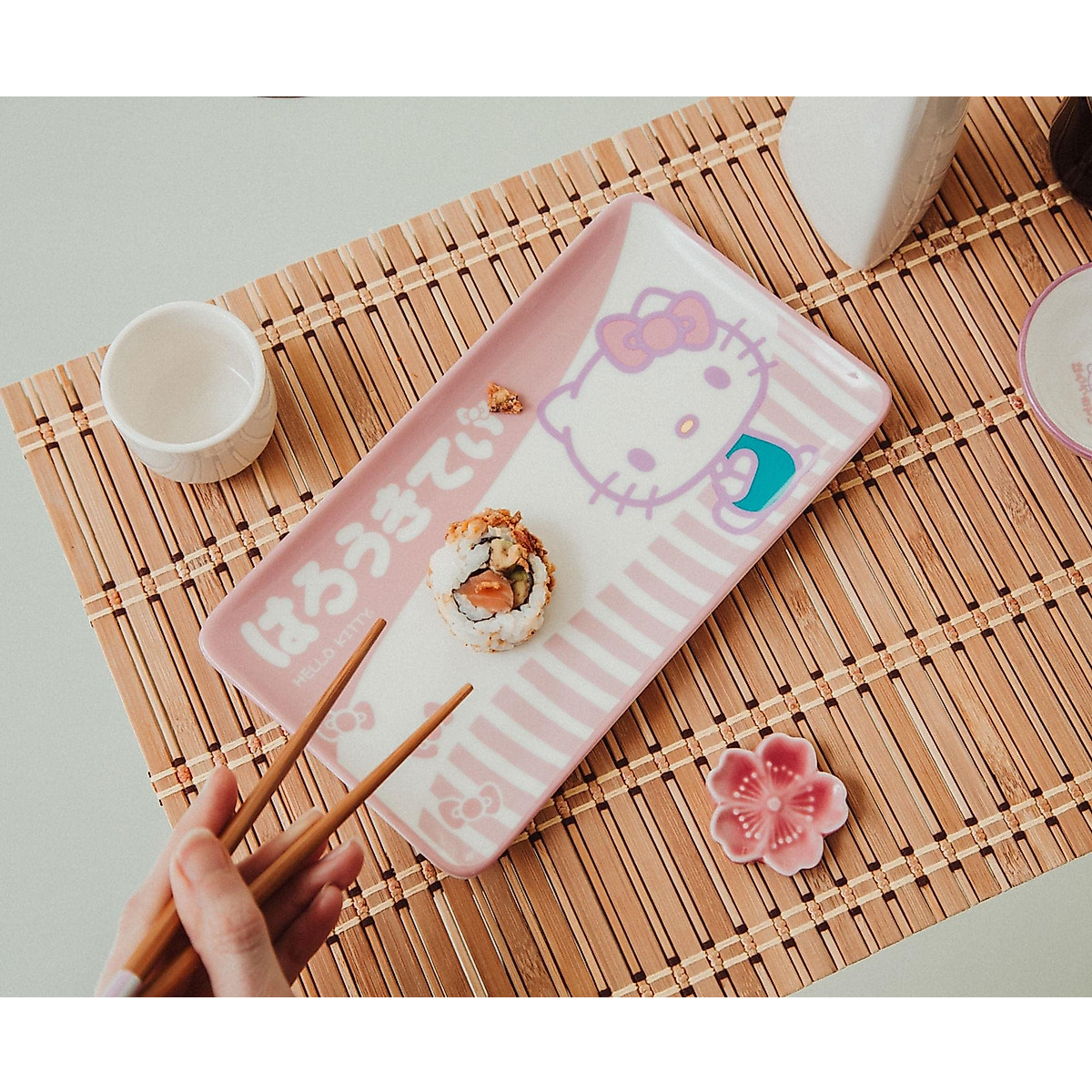 Sanrio Hello Kitty Pink 3-Piece Ceramic Sushi Set With Sauce Bowl and Chopsticks