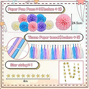 Monkey Home 39pcs Birthday Decorations Blue Purple Pink White Tissue Paper Tassel Star Garland Tissue Paper Pom Poms Confetti Balloon for Birthday,Wedding,Festival,Party Decoration