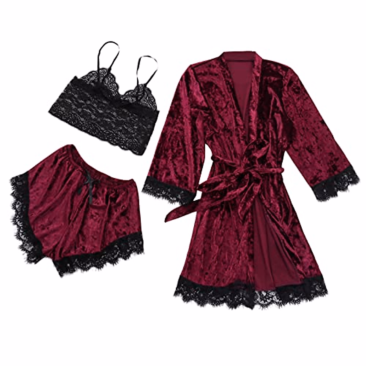 Xmas Lingerie for Women Plus Women's Sexy Pajamas Lace Velvet Solid Color Lace Three-Piece Womens Lingerie Dress up Wine