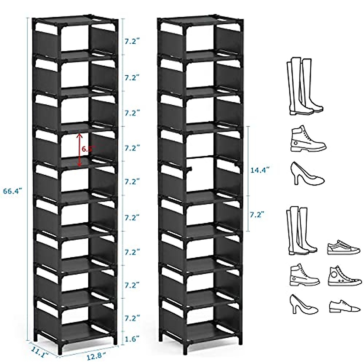 barsone 10 Tiers Shoe Rack, Vertical Narrow Shoe Rack, 10 Pairs Tall Shoe Rack Organizer for Small Space, Free Standing Shoe Shelf for Closet Entryway Hallway