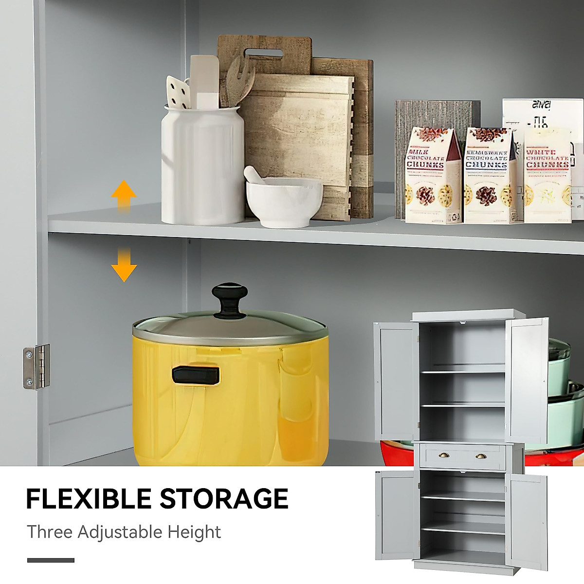 LOUVIXA 72" Kitchen Pantry Storage Cabinet, Freestanding Cupboard with 2 Cabinets, Drawer and Adjustable Shelves, Tall Storage Cabinet for Kitchen, Dinning Room, Living Room, Grey