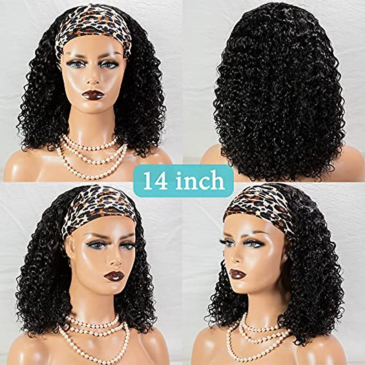 HeadBand Wig Curly Human Hair Wig None Lace Front Wigs for Black Women Deep Wave Machine Made Wigs Natural Color 150% Density 14inch