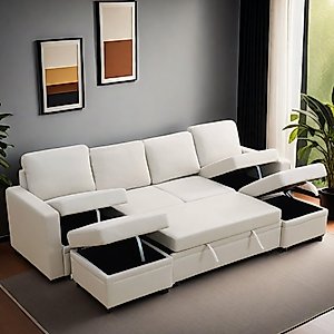 GlasFlength Sleeper Sofa Couch Bed, Convertible Sofa Bed with Armrests, Sectional Sofa with Storage Seat U Shaped Sectional Couch with Reversible Chaise for Living Room Apartment Bedroom Office