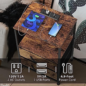 YBING Nightstand with Charging Station End Table with USB Ports and Outlets Bedside Table with Open Shelf Side Table with Fabric Drawers Industrial Night Stand for Bedroom Living Room (Brown)