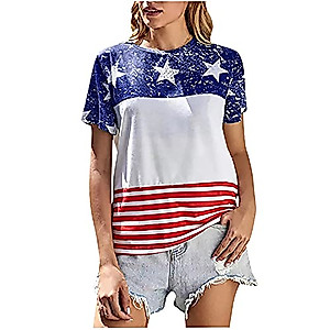 wodceeke Women's short-sleeved round neck T-shirt American flag stitching printed Tee casual loose Independence Day tops (Dark Blue,XL)