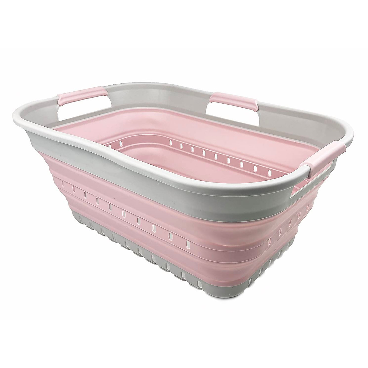 SAMMART 21L (5.5 gallon) Super Mini Collapsible 3 Handled Plastic Basket - Foldable Pop Up Storage Container/Organizer - Space Saving Hamper/Basket (Grey/Pale Pink)