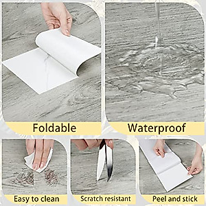 STICKEEP 6 x 36 in Wood Grain Peel and Stick Waterproof Vinyl Floor Tiles, 4 PCS, Light Grey, Residential Grade