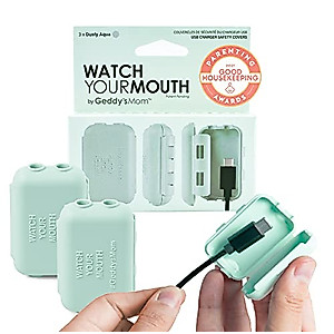 Geddy's Mom - Watch Your Mouth - The Award Winning USB Charger Child Safety Cover - Made in The USA - Baby Proofing Toddler Shock Prevention (3 Pack Dusty Aqua)