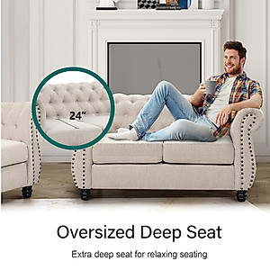 Morden Fort Classic Chesterfield Victoria Arm Loveseat Set, Tufted Loveseat Sofa No Sagging with Solid Wood Legs, Pet-Friendly Love Seat Set Couch for Living Room Bedroom Apartment - Chenille Beige