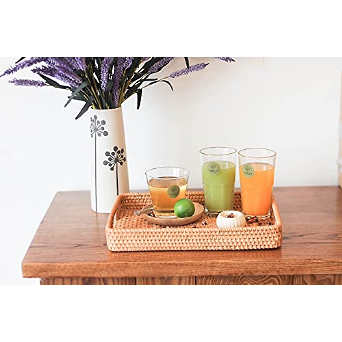 Rectangular Wicker Serving Tray-Set of 2- w/Inbuilt Handles-Handmade Woven Rattan Storage Basket-Decorative Coffee Tabletop Tray-Boho Flat Bathroom Organizer-(L- 15.4"x2.4" M- 13.7"x 2")