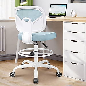 Primy Office Drafting Chair Armless, Tall Office Desk Chair Adjustable Height and Footring, Mid-Back Ergonomic Standing Desk Chair Mesh Rolling Tall Chair for Art Room, Office or Home(Light Blue)