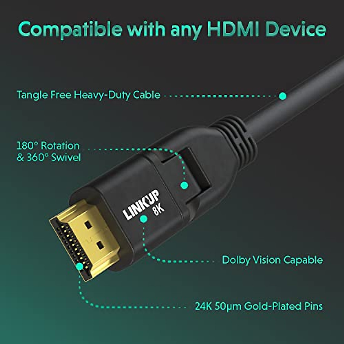 LINKUP - Ultra High-Speed HDMI 2.1 8K Cable 360° Swivel Angle Connector | DSC HDR UHD Digital Video Cord – Tough 28AWG 48GB/s | 10K 8K 5K 4K 2K 1080 | Compatible with Apple Xbox PS5 Samsung -6ft