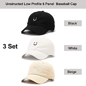Umeepar 3 Pack Smile Face Cotton Baseball Cap Adjustable Low Profile Unstructured Dad Hat for Men Women (Black, White, Beige)