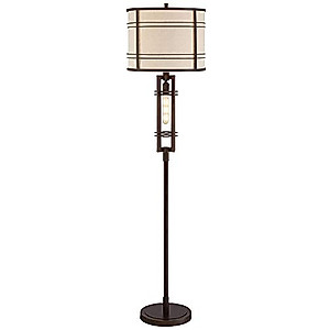 Franklin Iron Works Elias Industrial Rustic Farmhouse Floor Lamp Standing 651/2" Tall Oil Rubbed Bronze with LED Nightlight Off White Oatmeal Fabric Drum Shade for Living Room Reading Bedroom