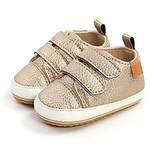BABSMULY Baby Boys Girls Shoes Non-Slip Rubber Sole High-Top PU Leather Sneakers Infant First Walking Shoes Toddler Crib Shoes Newborn Loafers Flats.(Gold, 6-12 Months)