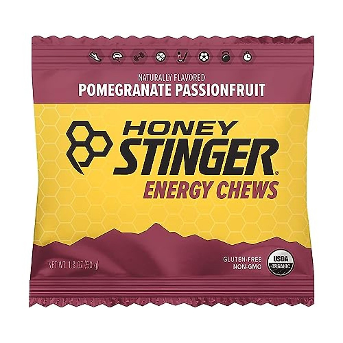Honey Stinger Organic Pomegranate Passionfruit Energy Chew | Gluten Free & Caffeine Free | for Exercise, Running and Performance | Sports Nutrition for Home & Gym, Pre and Mid Workout | 12 Pack